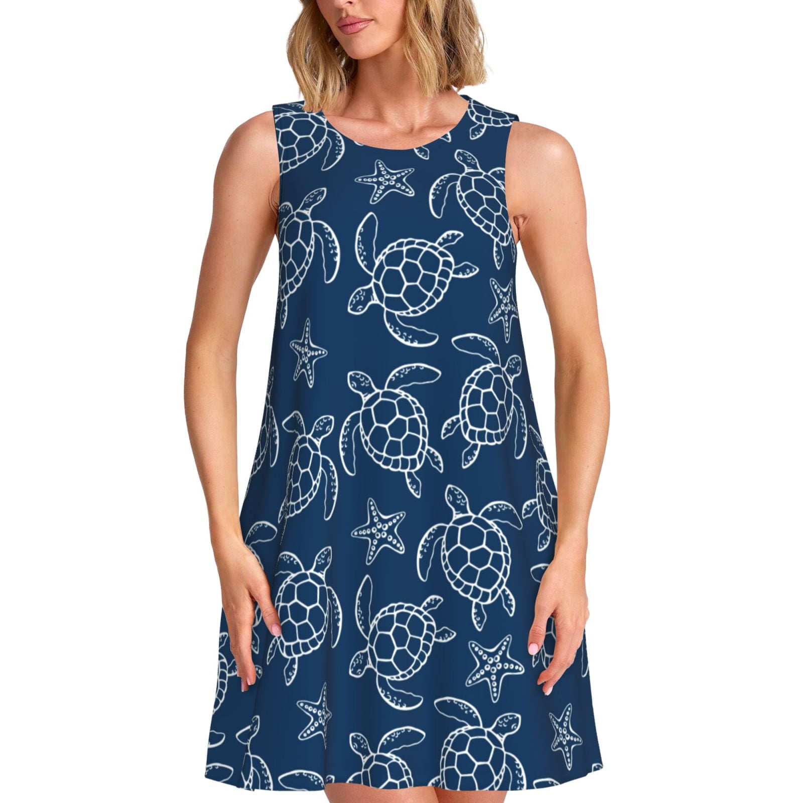 Uemuo Sea Turtle Pattern Women’s Sleeveless Dress – Casual Summer A ...