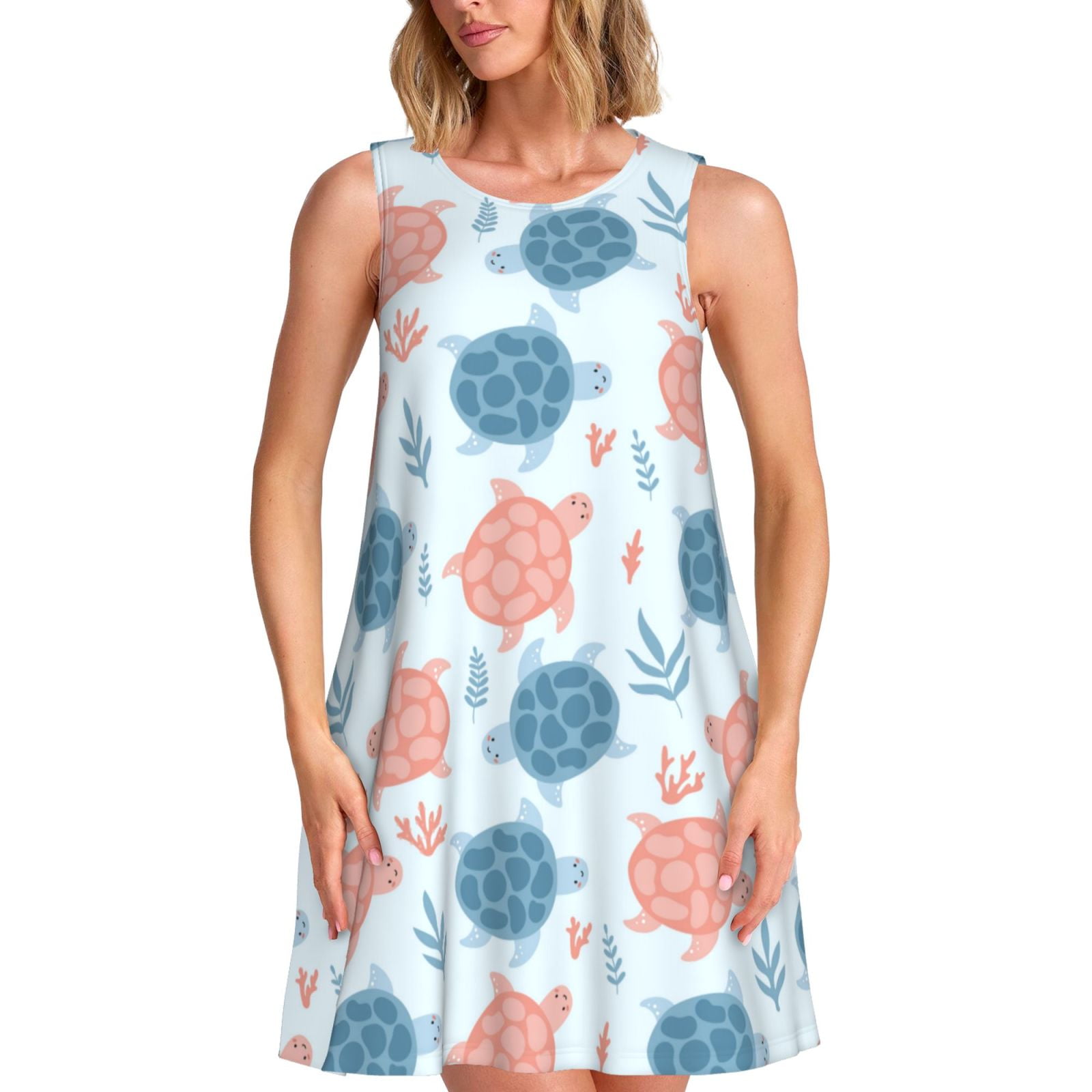 Uemuo Sea Turtle Pattern Women’s Sleeveless Dress – Casual Summer A ...