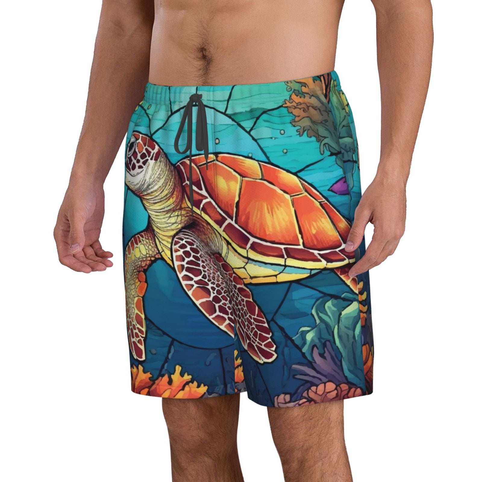Uemuo Sea Turtle in Coral Pattern Men's Swim Trunks Hawaiian Beach ...