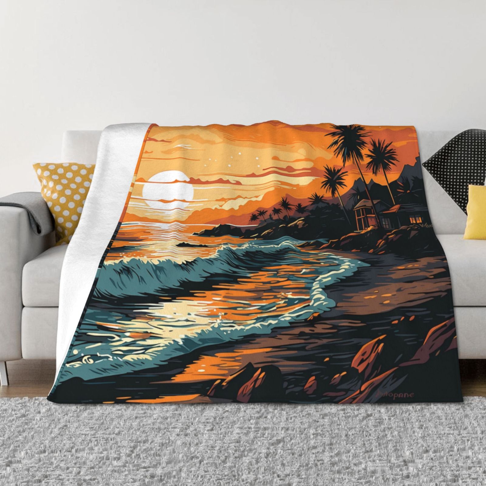 Uemuo Serene Ocean Sunset Printed Throw Blanket for Couch, Fluffy Fuzzy ...