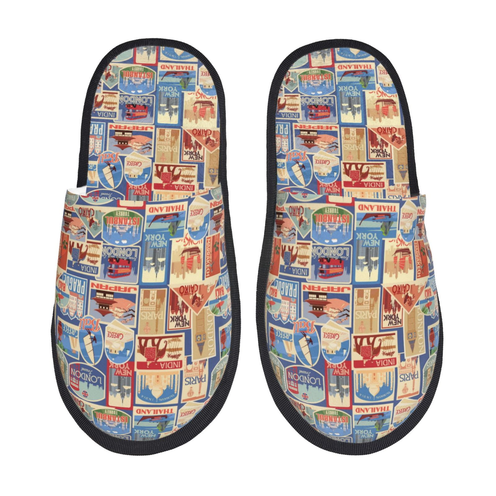 Uemuo Set Of Travel Vintage Printe Plush Furry Slippers with EVA Sole ...