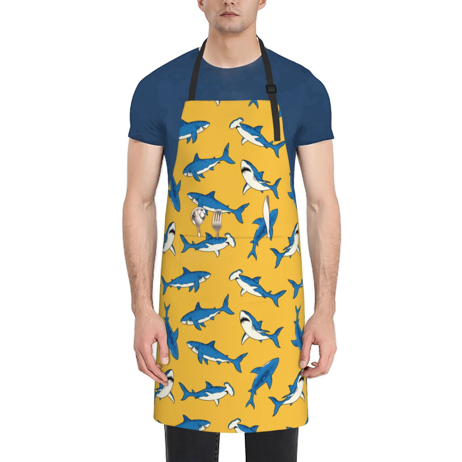 Uemuo Shark Print Pattern Waterproof Apron Adjustable Dishwasher Apron ...