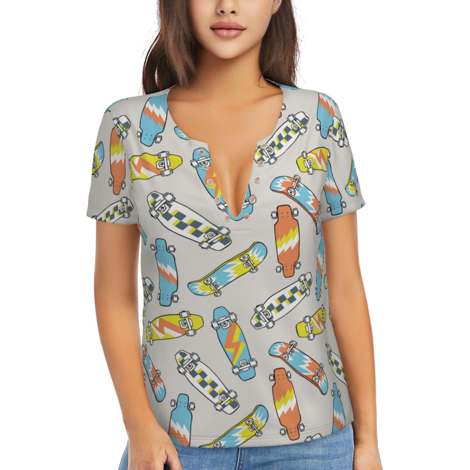 Uemuo Skateboard Drawing Women's Deep V-Neck Low Cut Tops - Casual ...