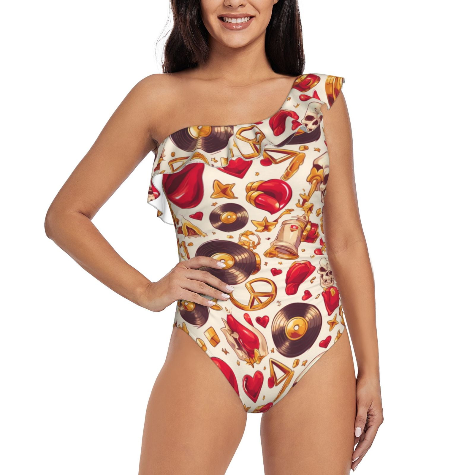 Uemuo Skull Retro record lips Print Women's One Piece Swimsuit Asymmetrical Neck Bathing Suit ...