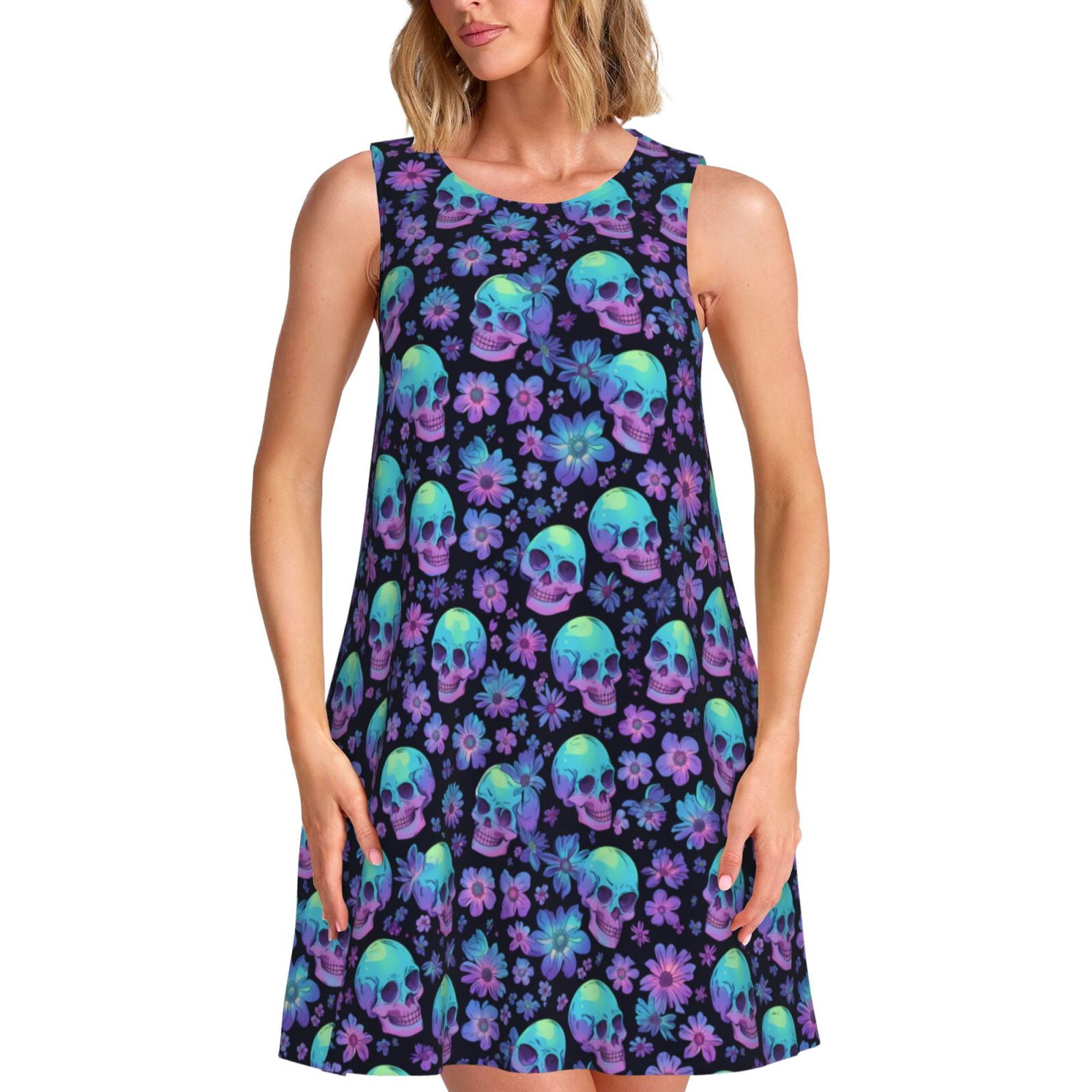 Uemuo Skull daisy Gradient Pattern Women’s Sleeveless Dress – Casual ...