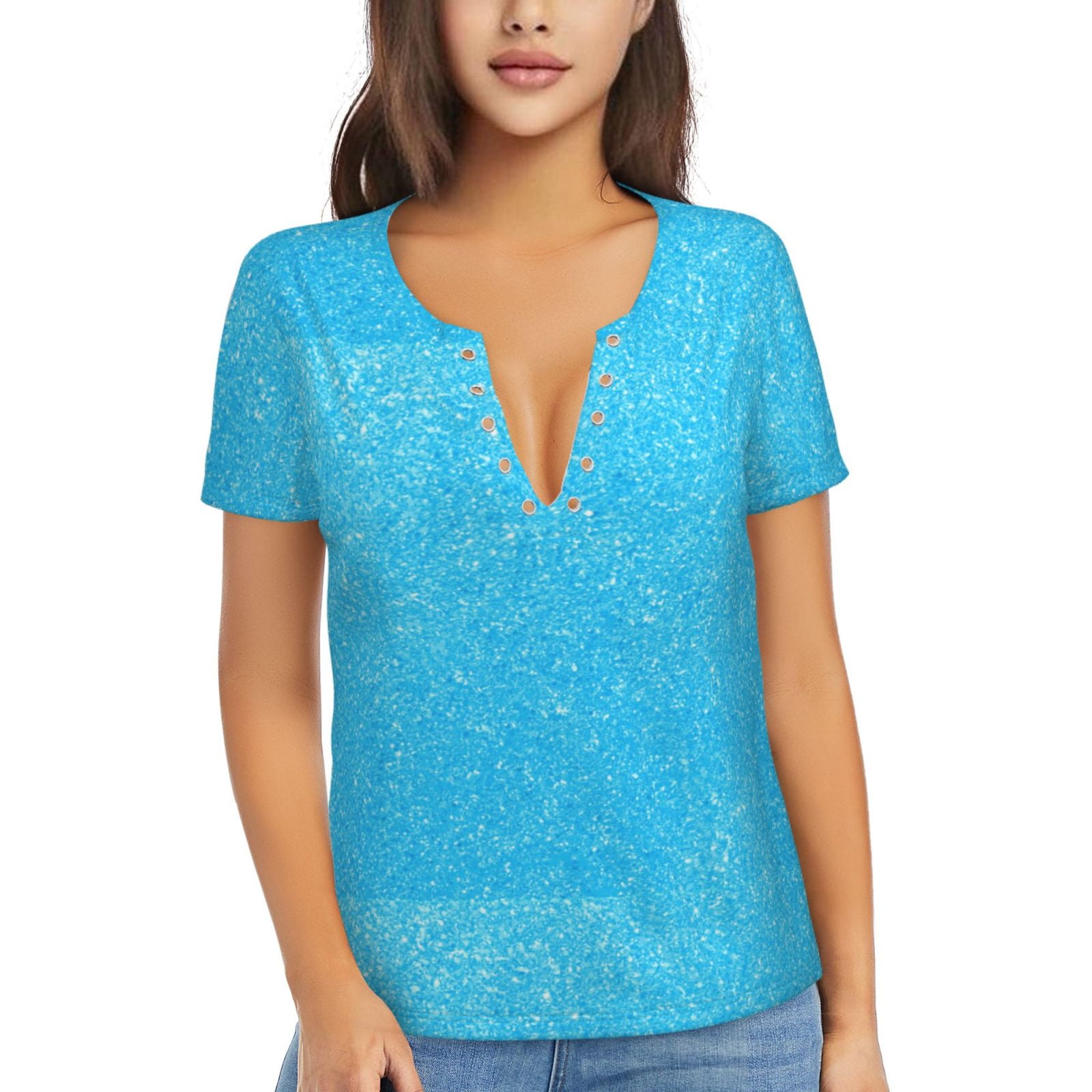 Uemuo Sky Blue Glitter Drawing Women's Deep V-Neck Low Cut Tops ...