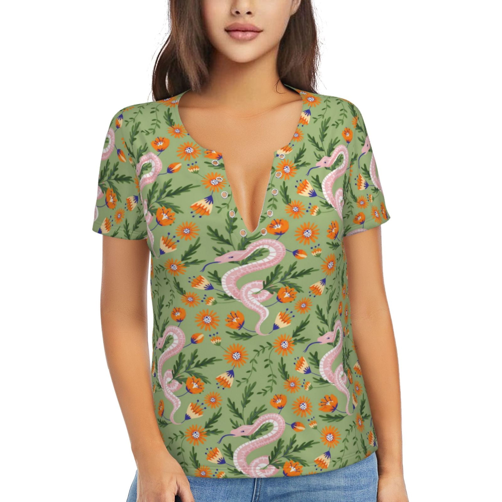 Uemuo Snake And Floral Drawing Women's Deep V-Neck Low Cut Tops ...