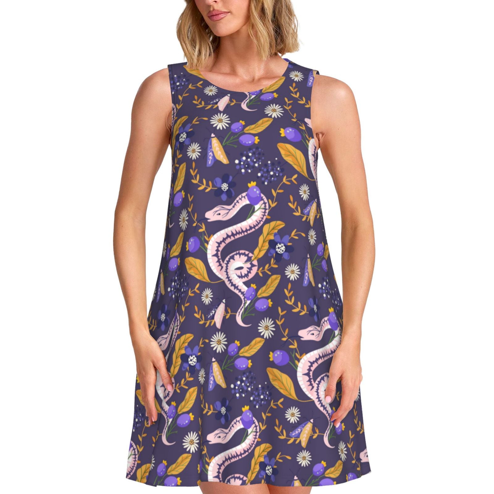 Uemuo Snake And Floral Pattern Women’s Sleeveless Dress – Casual Summer ...