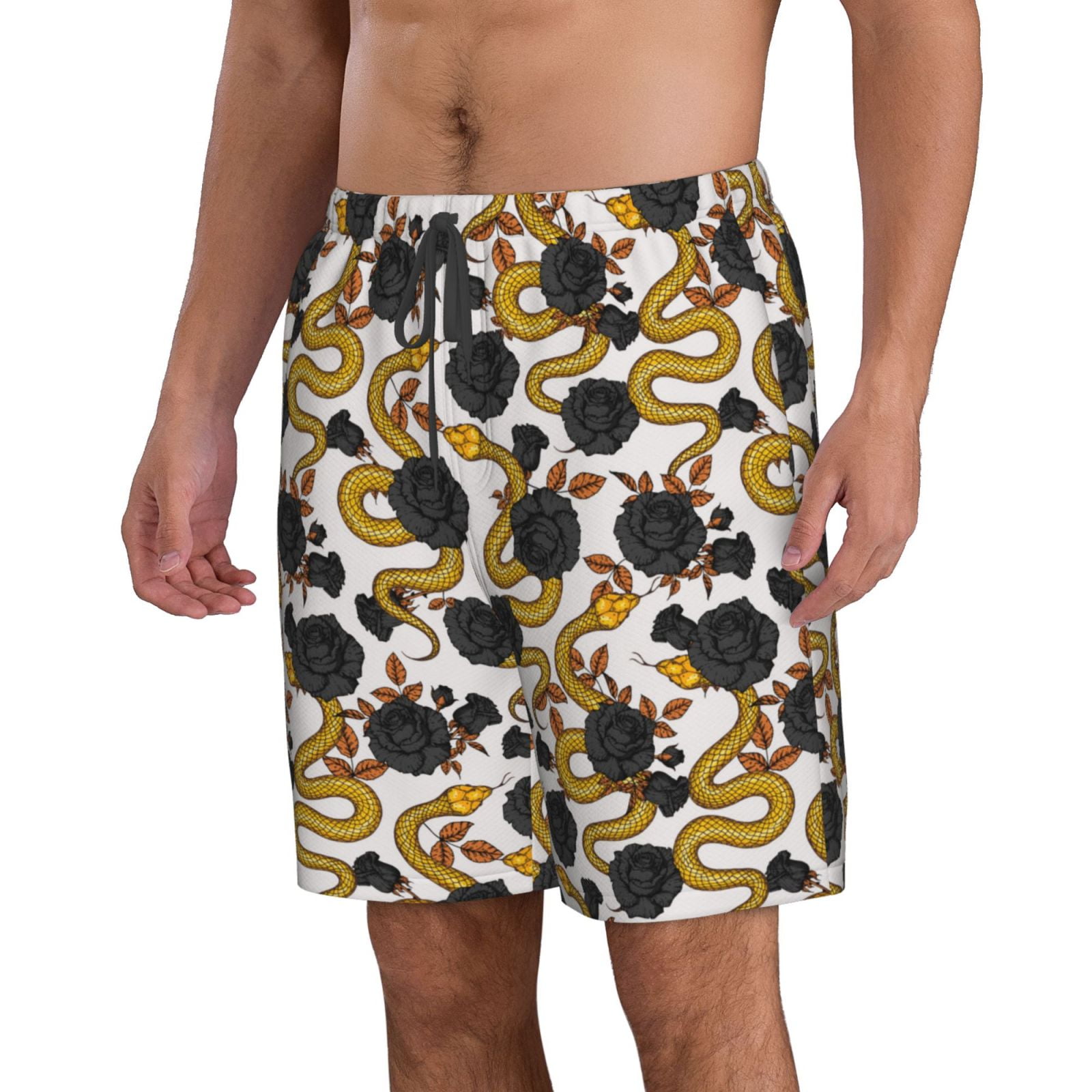 Uemuo Snake And Rose Pattern Men's Swim Trunks Hawaiian Beach Bathing ...