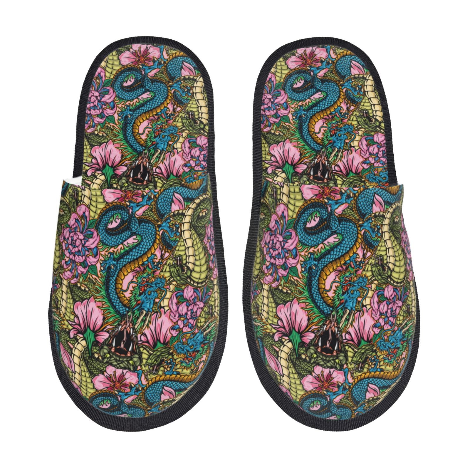 Uemuo Snake And Flower Printe Plush Furry Slippers with EVA Sole for ...