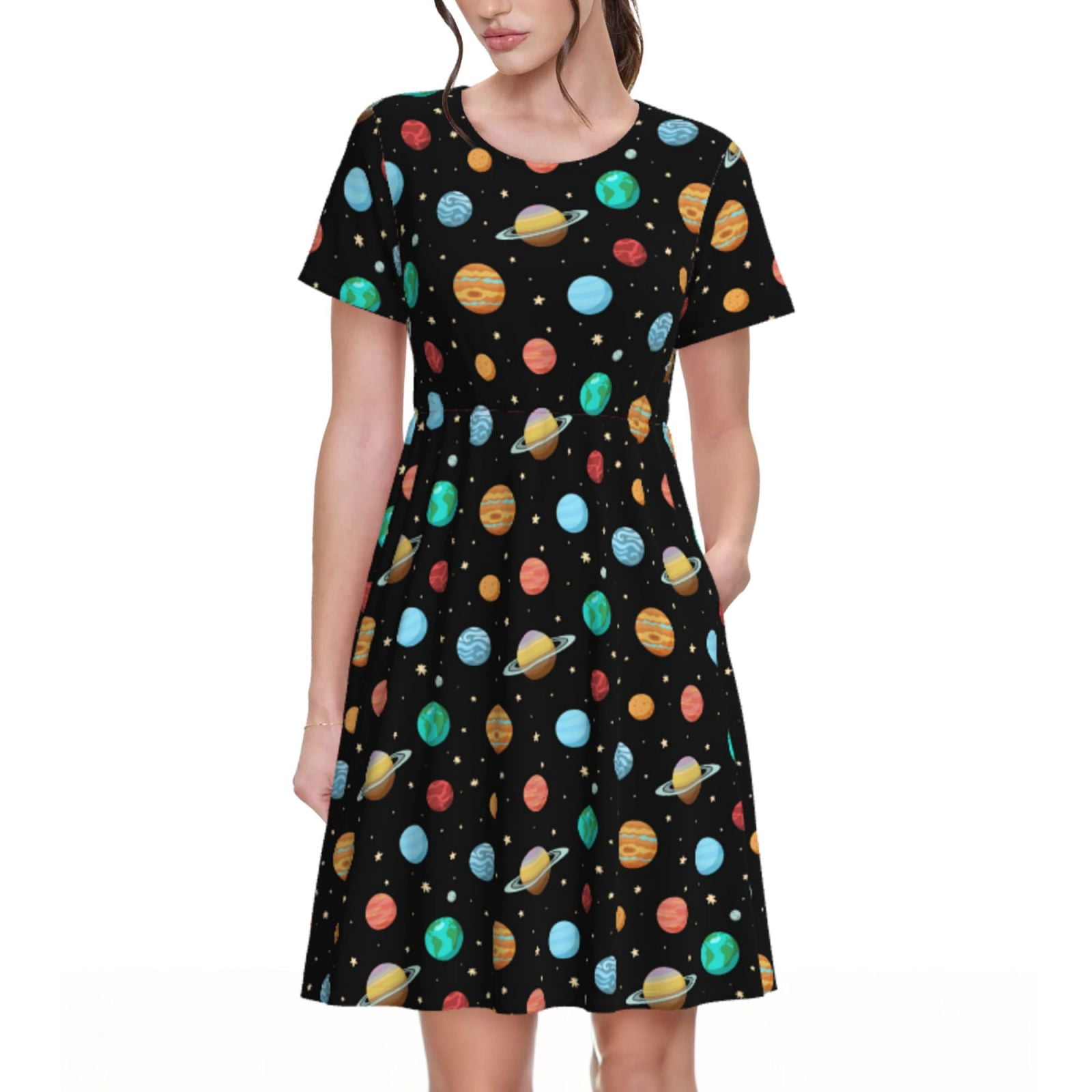 Uemuo Solar System Planets Space Print Womens Summer Dress Casual Swing ...