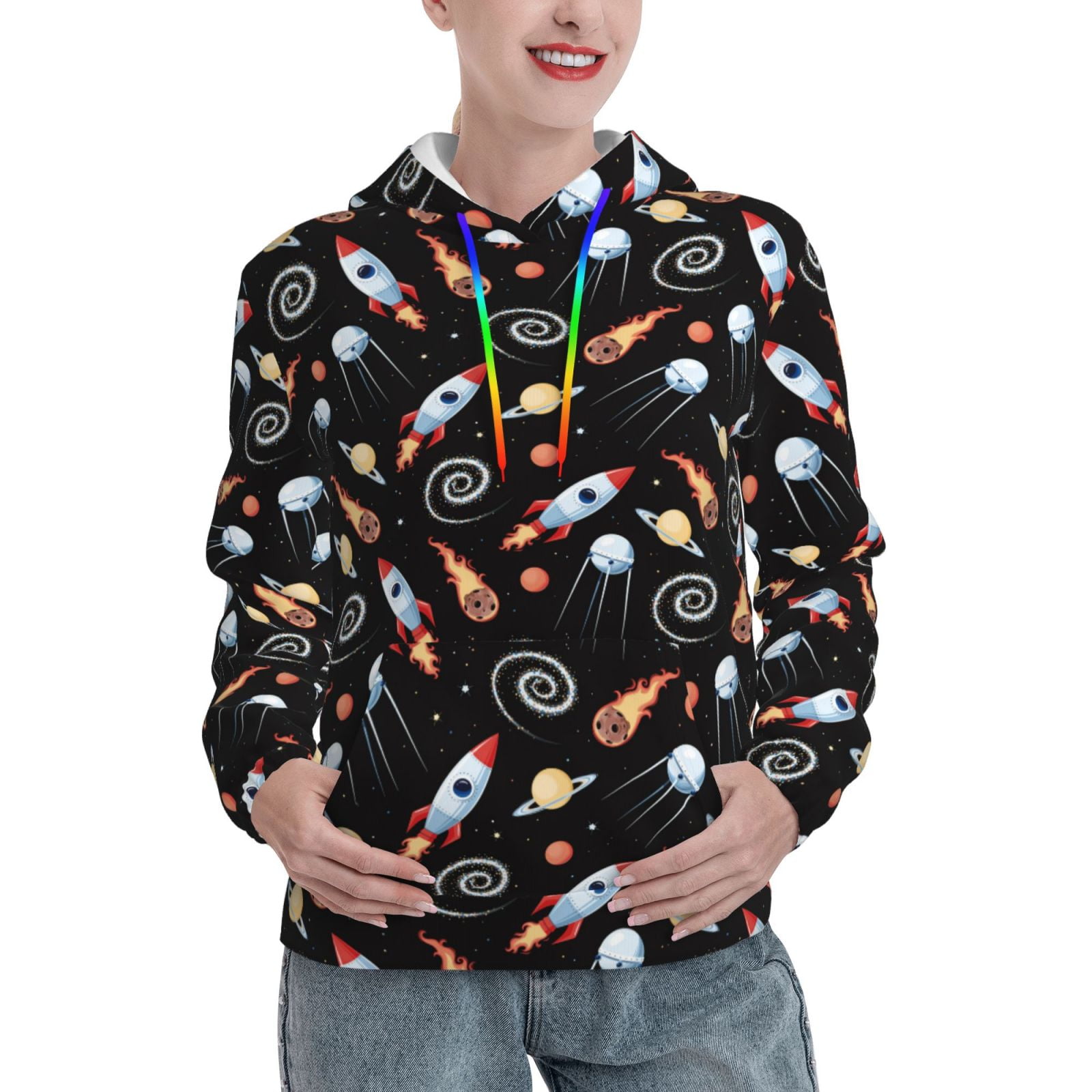 Uemuo Space Rocket Pattern Women's Hoodie with Eye-catching Drawstrings ...