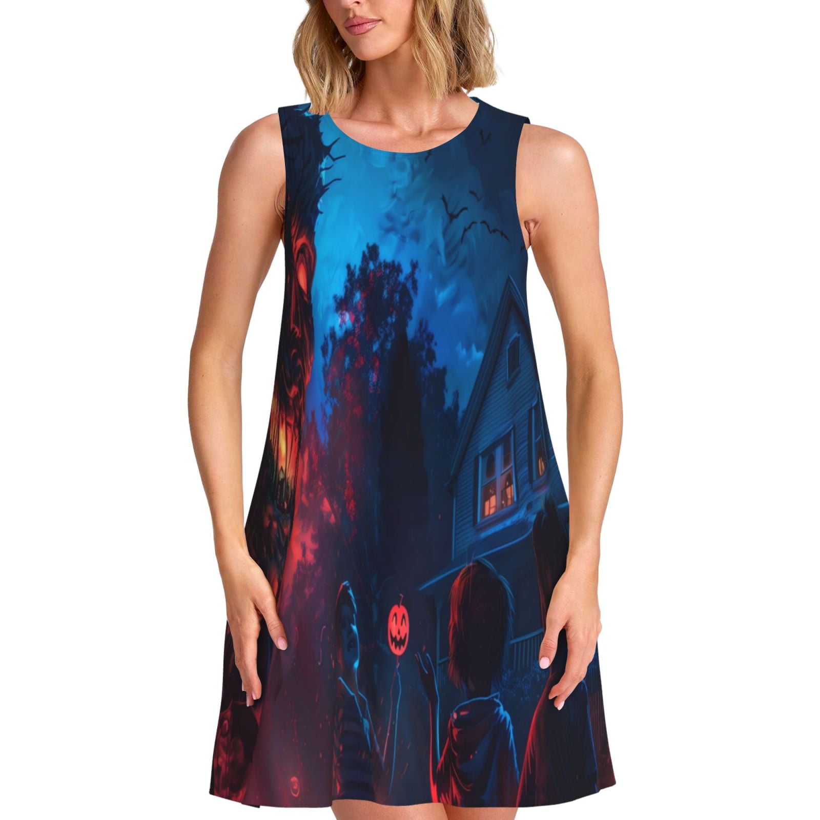 Uemuo Spooky Halloween Night Scene Pattern Women’s Sleeveless Dress ...