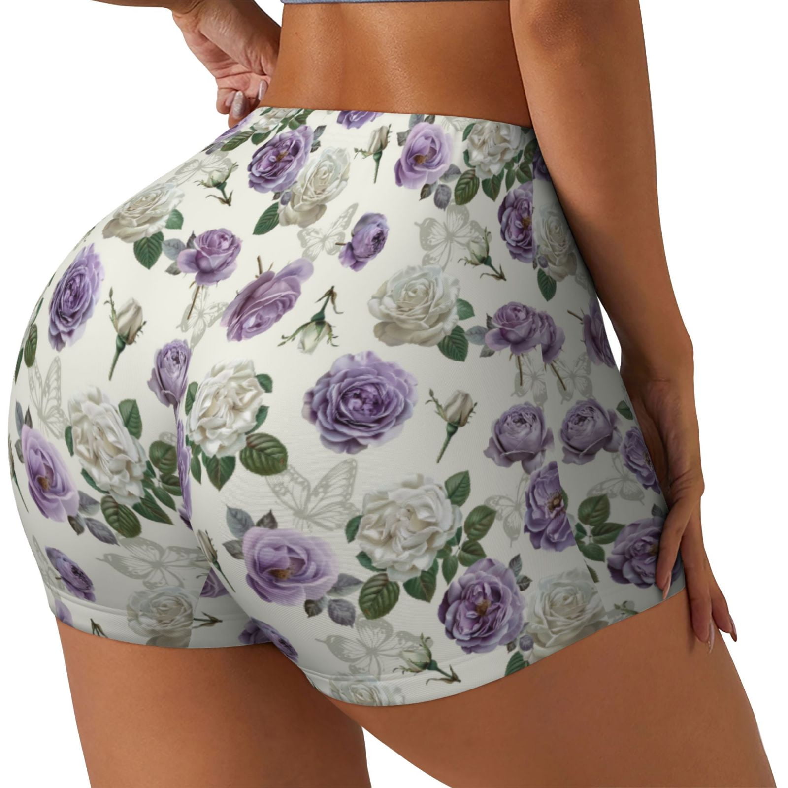 Uemuo Spring Flowers Pattern Women Workout Impact Shorts Scrunch Butt ...