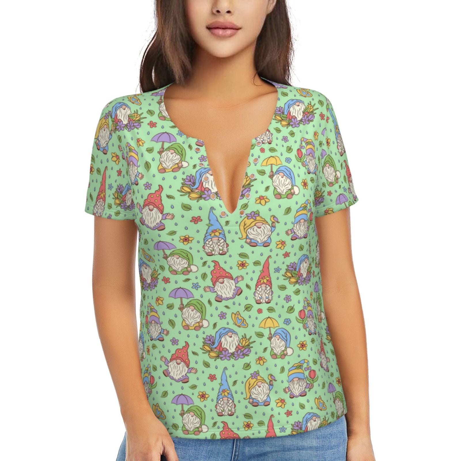 Uemuo Spring Gnomes Drawing Women's Deep V-Neck Low Cut Tops - Casual ...