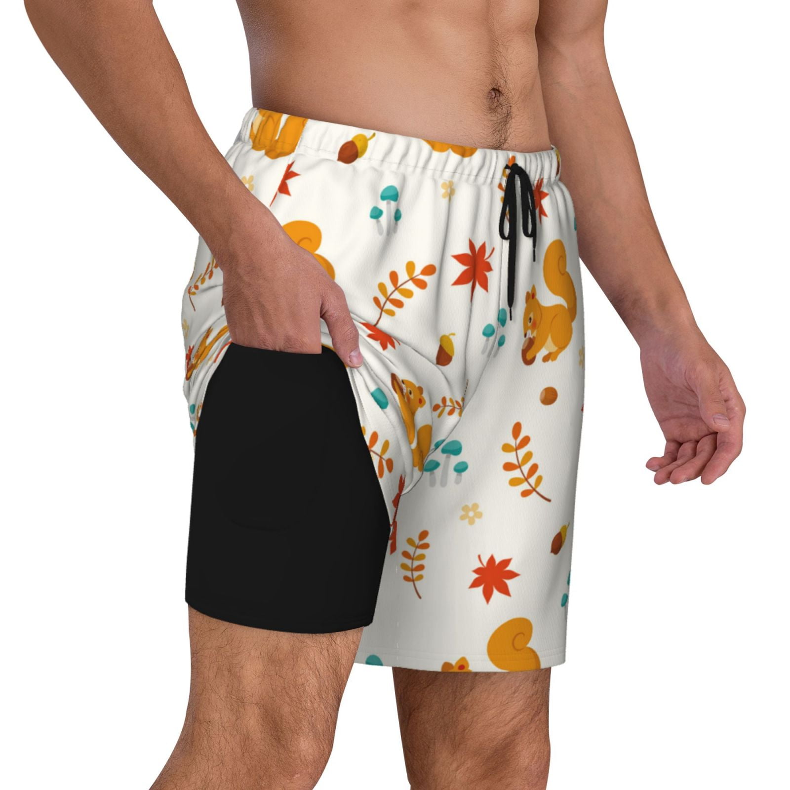 Uemuo Squirrel Maple Leaves And Nuts Pattern Mens Swim Trunks Quick Dry ...