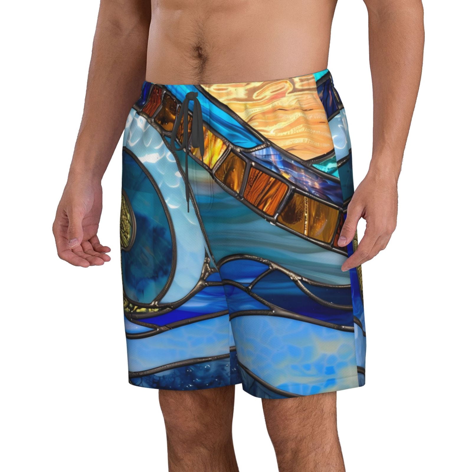 Uemuo Stained Glass Ocean Wave Pattern Men's Swim Trunks Hawaiian Beach ...