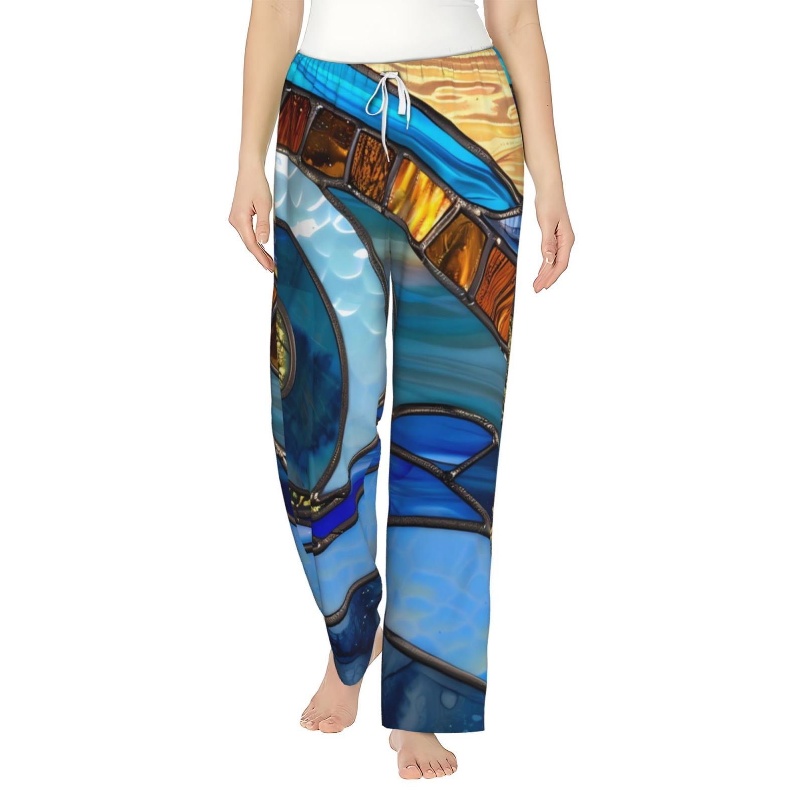 Uemuo Stained Glass Ocean Wave Pattern Women's Wide Leg Palazzo Lounge ...