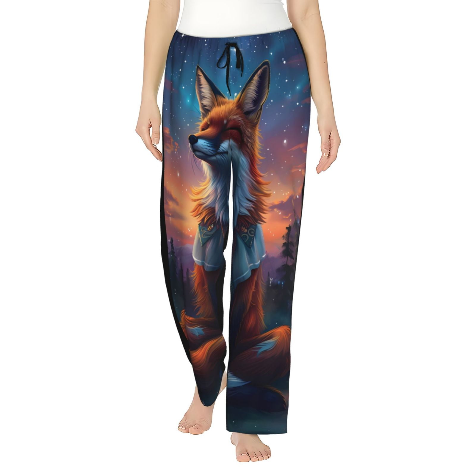 Uemuo Starry Sky Meditating Fox Pattern Women's Wide Leg Palazzo Lounge ...