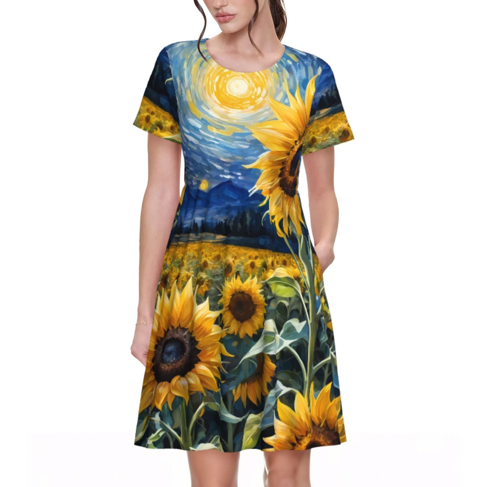 Uemuo Starry Sky Sunflower Print Womens Summer Dress Casual Swing Short ...