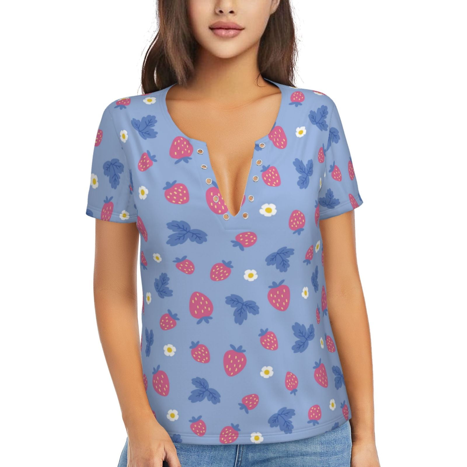 Uemuo Strawberry And Flowers Drawing Women's Deep V-Neck Low Cut Tops ...