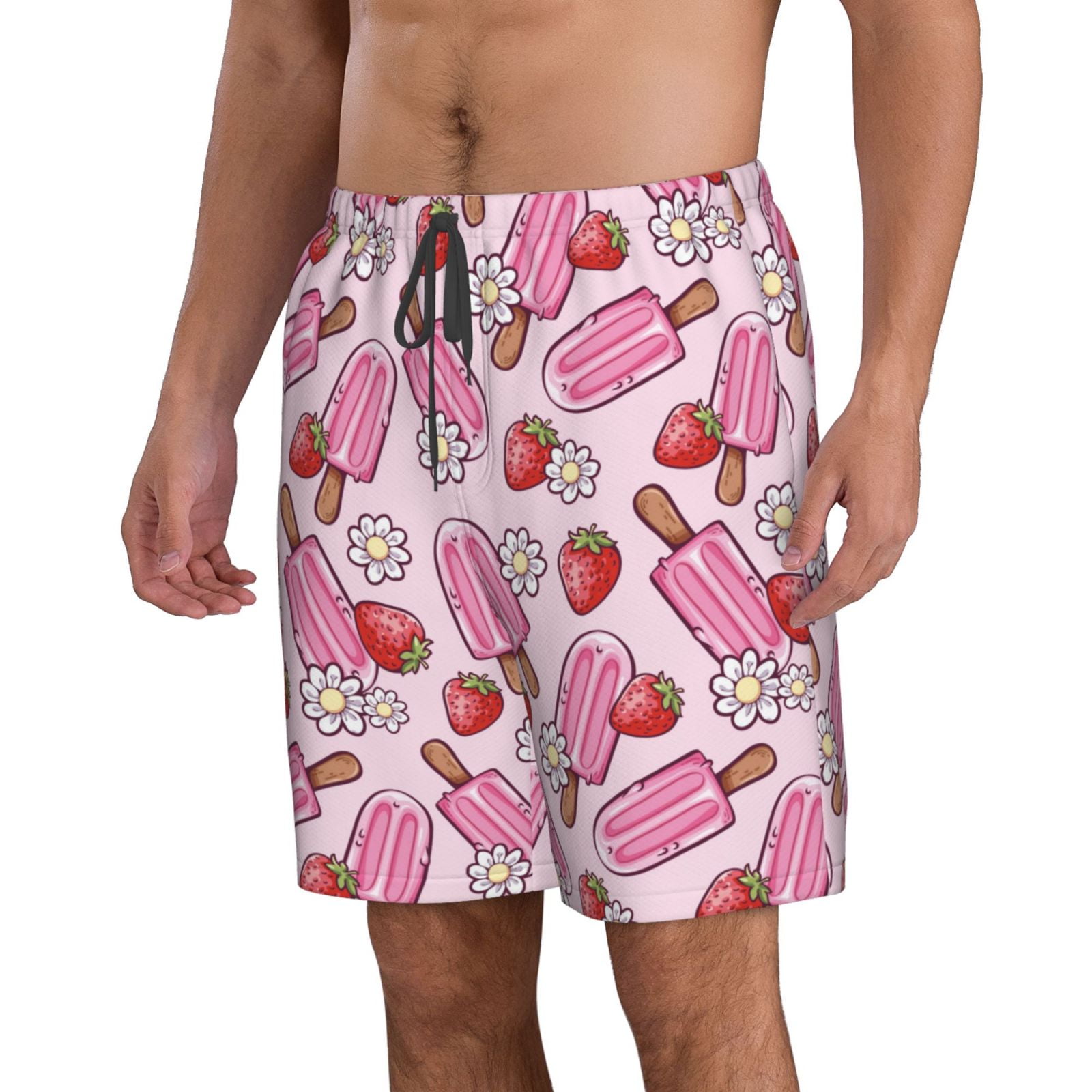 Uemuo Strawberry Popsicle Pattern Men's Swim Trunks Hawaiian Beach ...