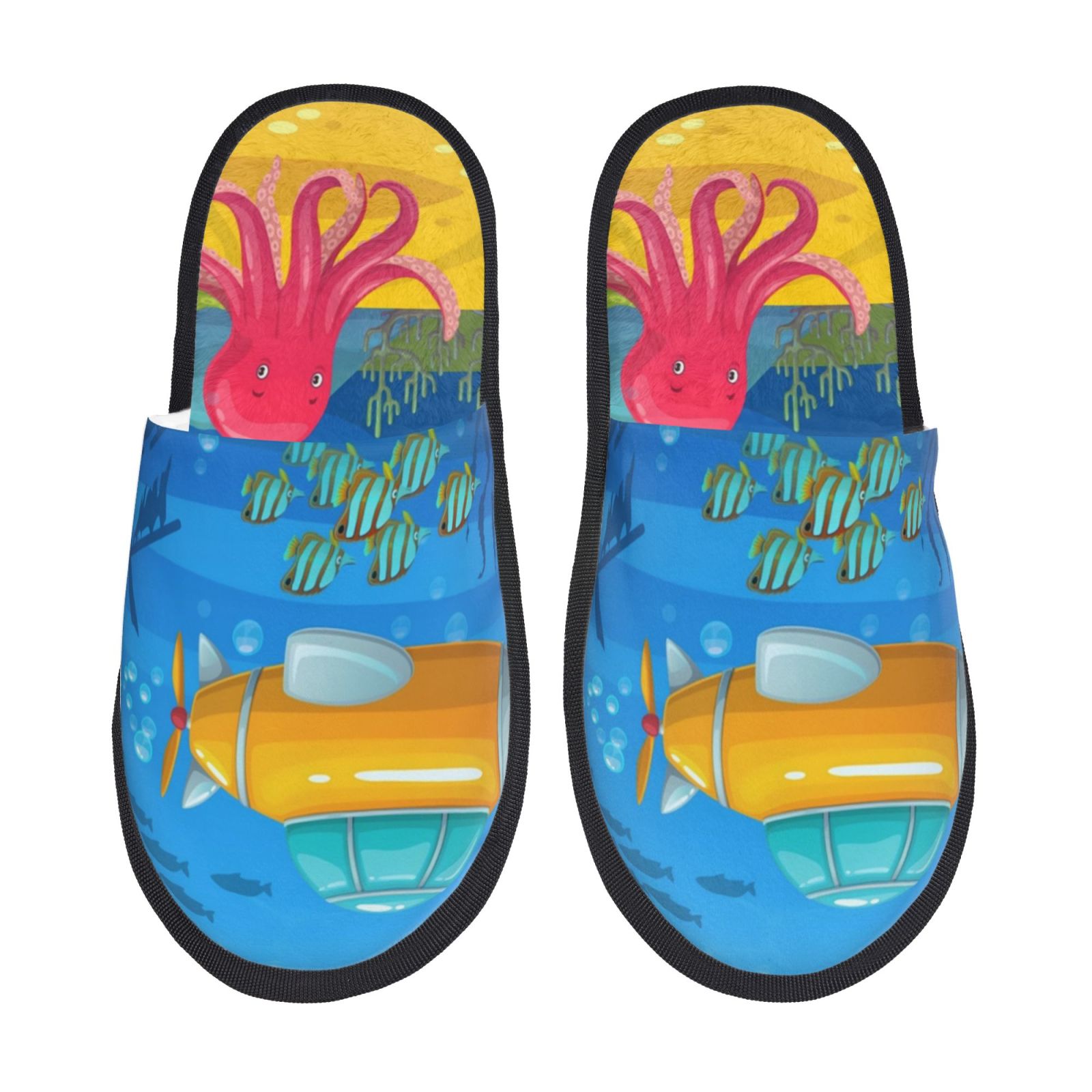 Uemuo Submarine And Landscape Printe Plush Furry Slippers with EVA Sole ...