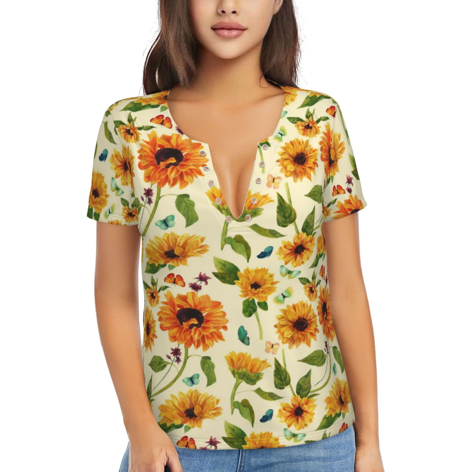 Uemuo Sunflowers And Butterflies Drawing Women's Deep V-Neck Low Cut ...