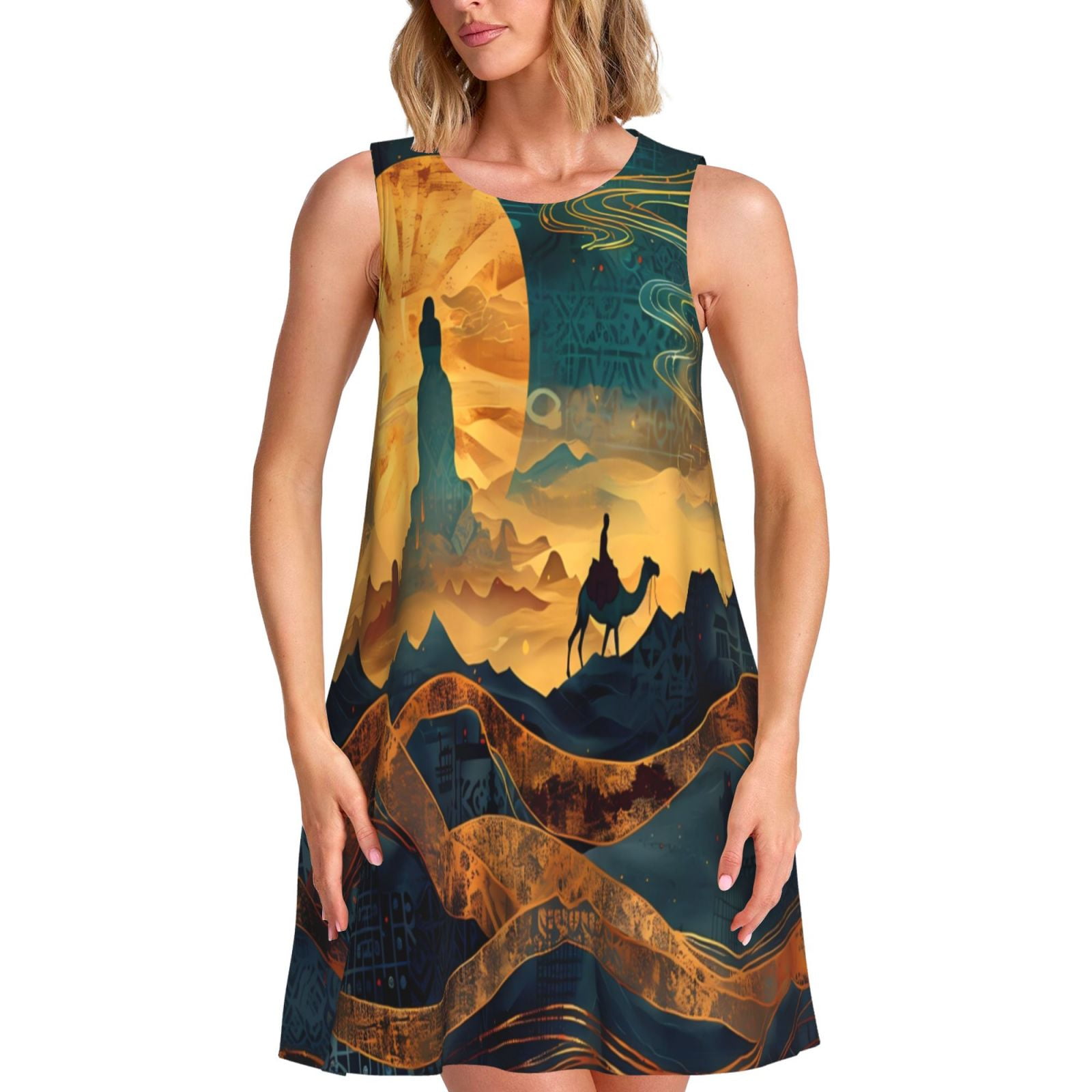 Uemuo Sunset Desert Journey Pattern Women’s Sleeveless Dress – Casual ...