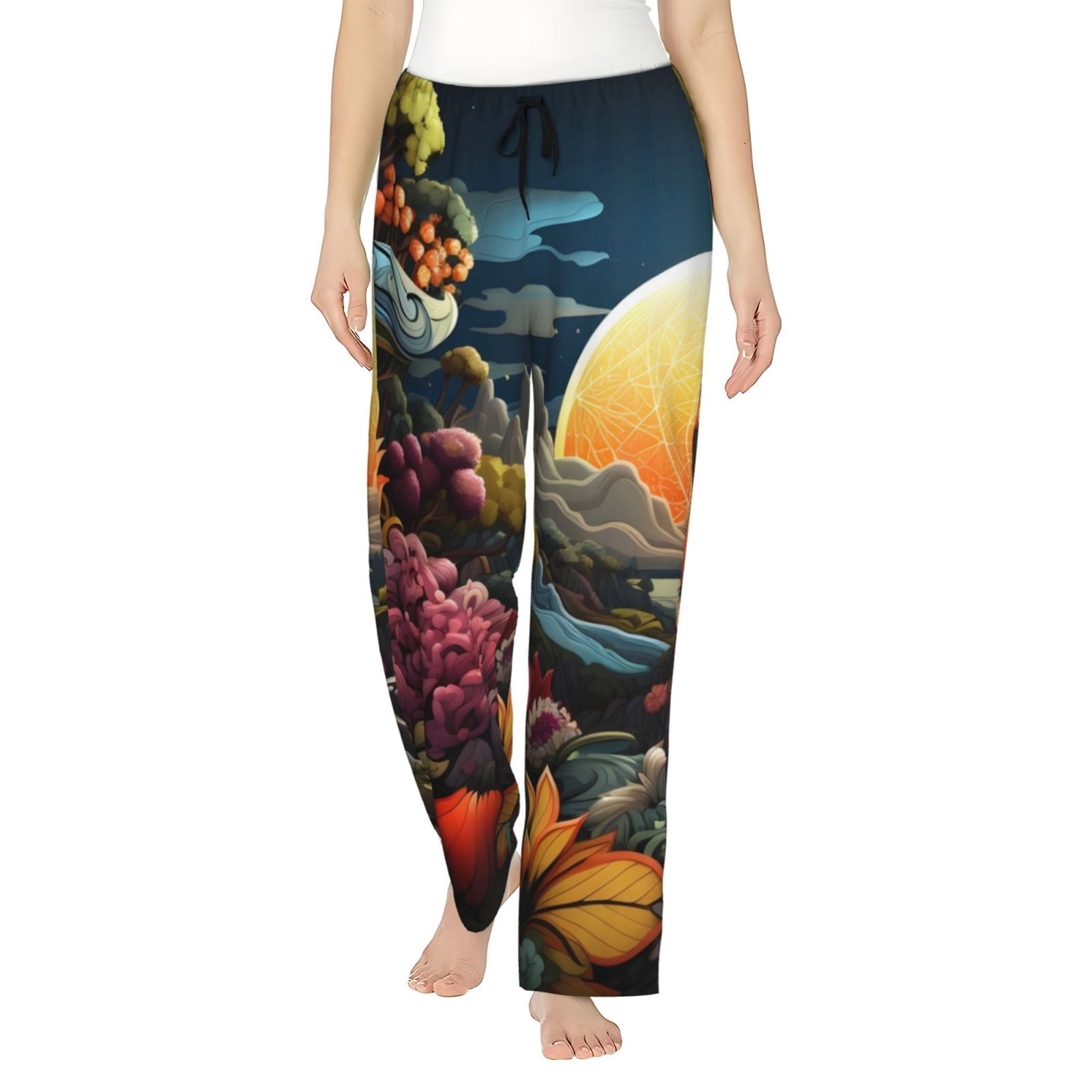 Uemuo Sunset Floral Fantasy Landscape Pattern Women's Wide Leg Palazzo Lounge Pants with Pockets ...