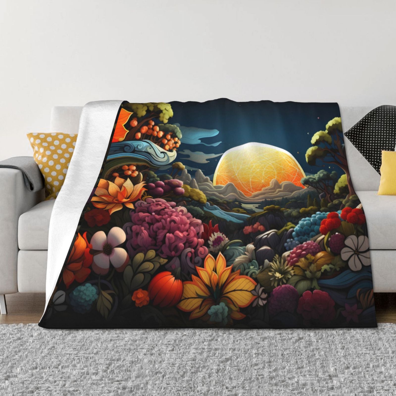 Uemuo Sunset Floral Fantasy Landscape Printed Throw Blanket for Couch ...