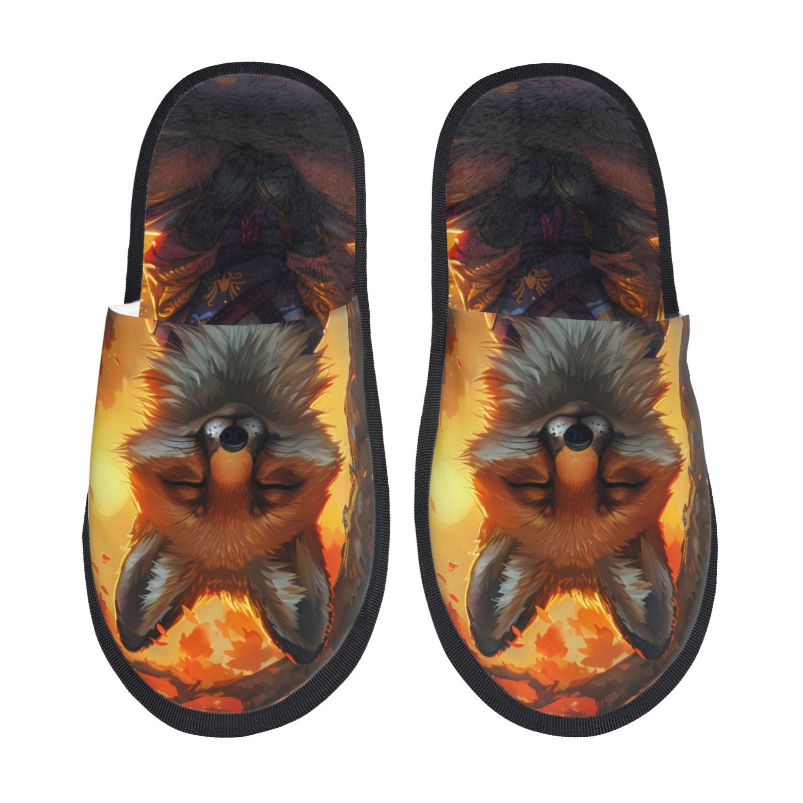 Uemuo Sunset Maple Tree Fox Printe Plush Furry Slippers with EVA Sole ...