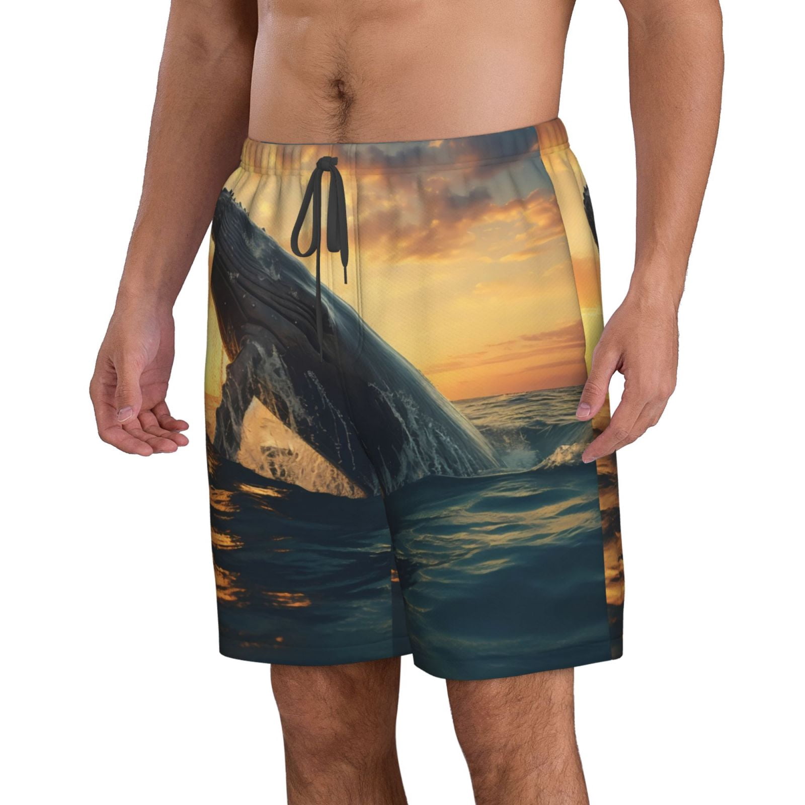 Uemuo Sunset Ocean Whale Pattern Men's Swim Trunks Hawaiian Beach ...