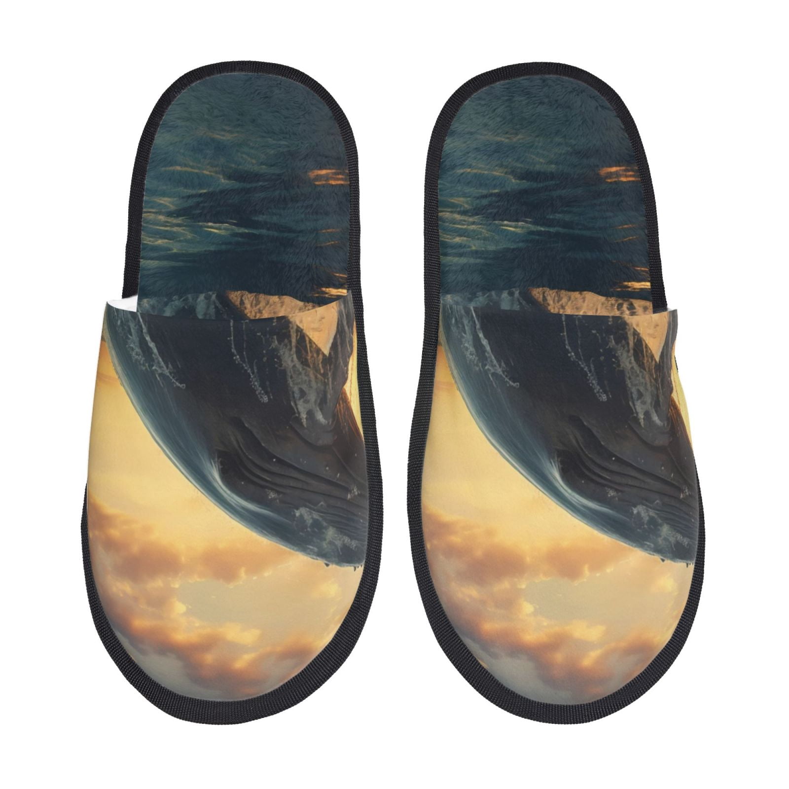 Uemuo Sunset Ocean Whale Printe Plush Furry Slippers with EVA Sole for ...