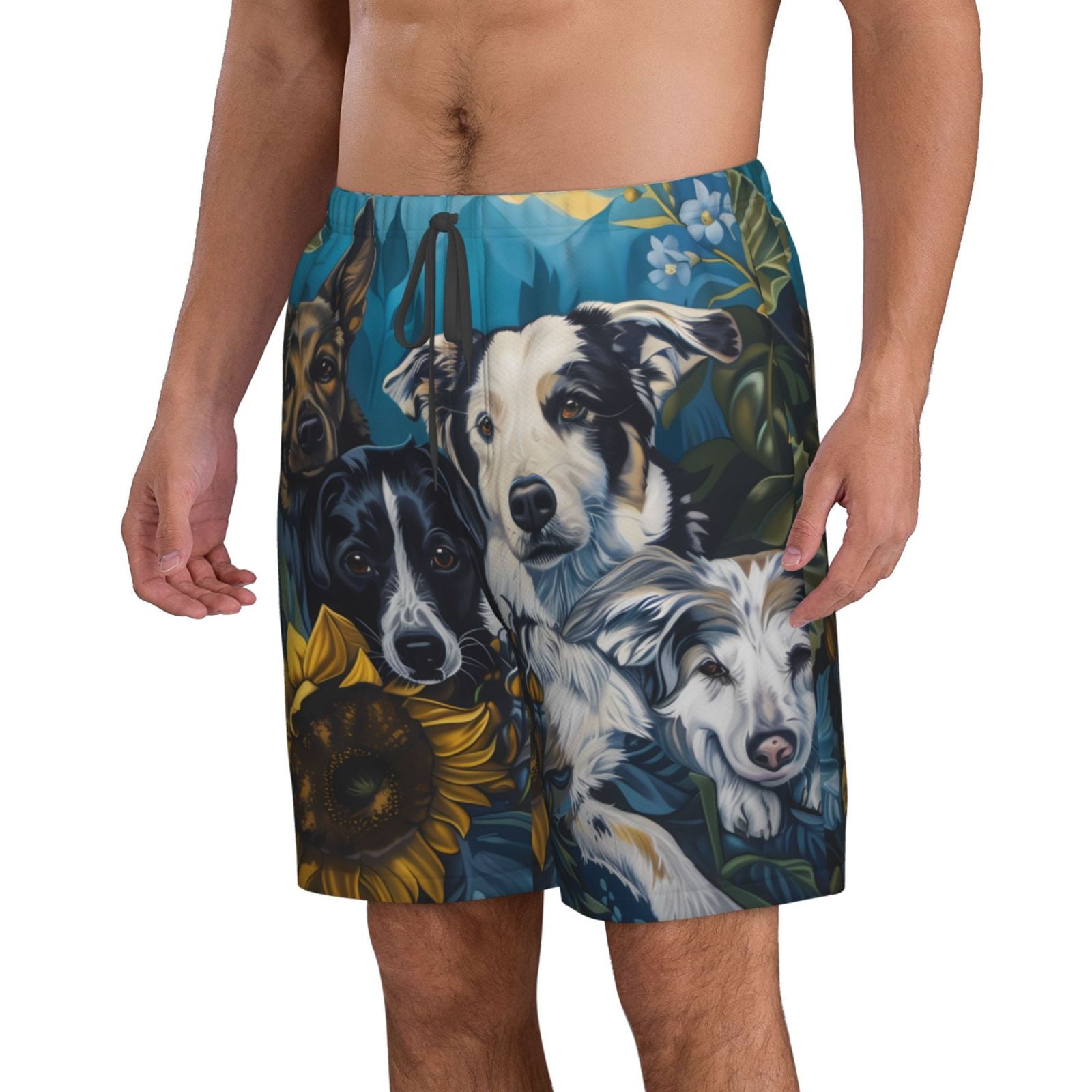Uemuo Sunset Sunflower Dog Pattern Men's Swim Trunks Hawaiian Beach ...
