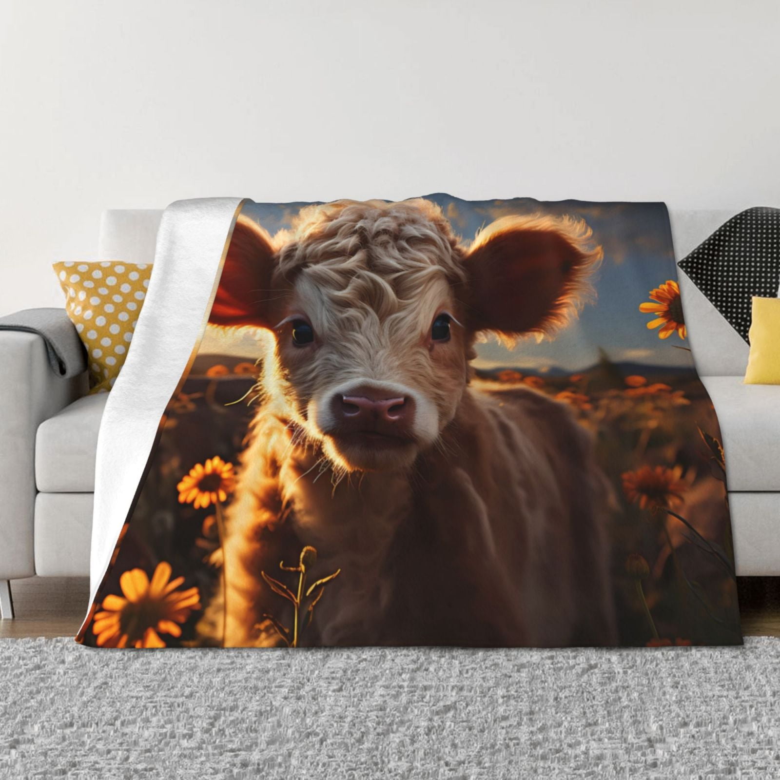 Uemuo Sunset Sunflower Small Cow Printed Throw Blanket for Couch ...