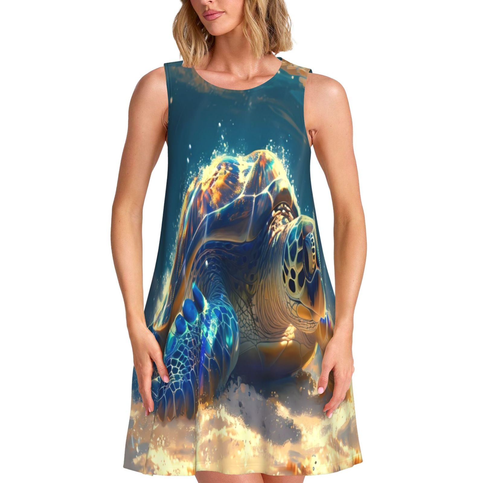 Uemuo Sunshine Underwater Sand Turtle Pattern Women’s Sleeveless Dress ...