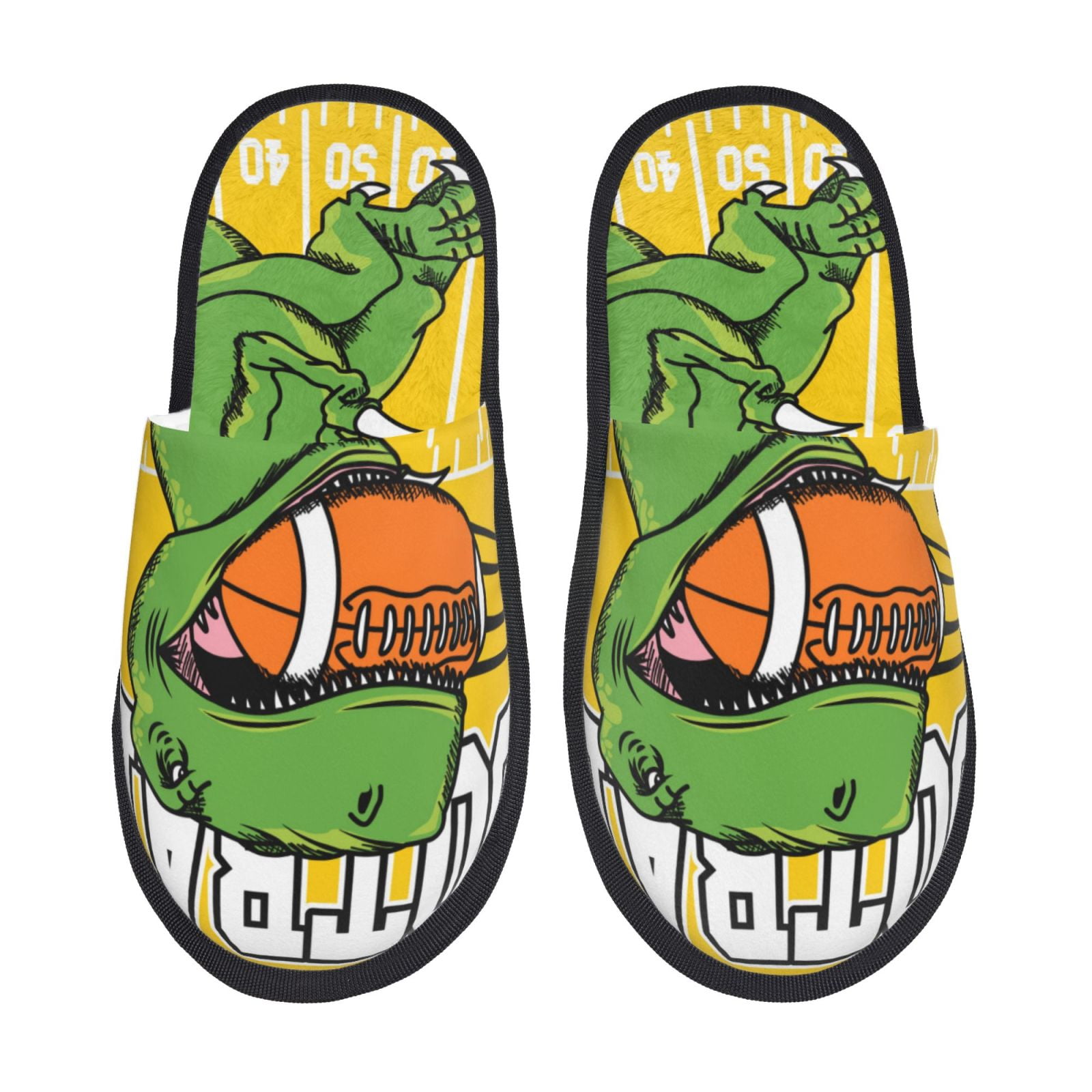 Uemuo T-Rex Playing Football Printe Plush Furry Slippers with EVA Sole ...