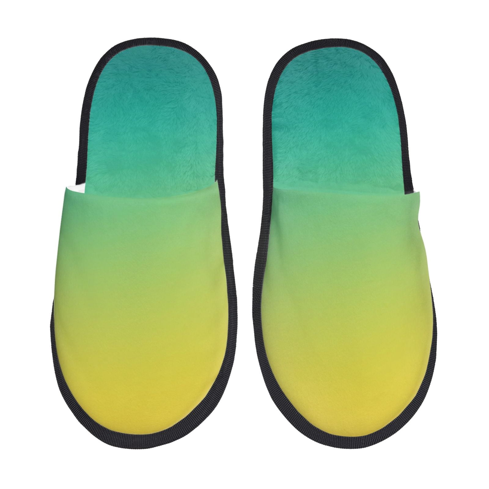 Uemuo Teal To Yellow Gradient Printe Plush Furry Slippers with EVA Sole ...