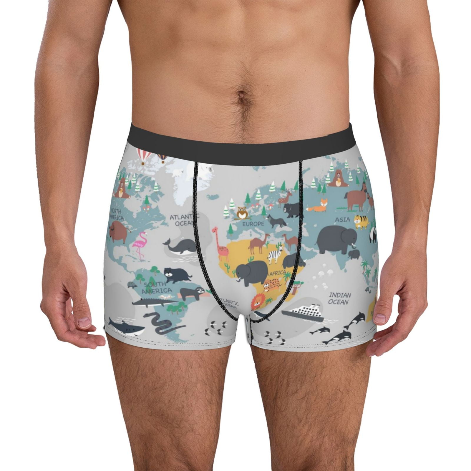 Uemuo The World Map with Cartoon Animals Pattern Men's Boxer Briefs ...
