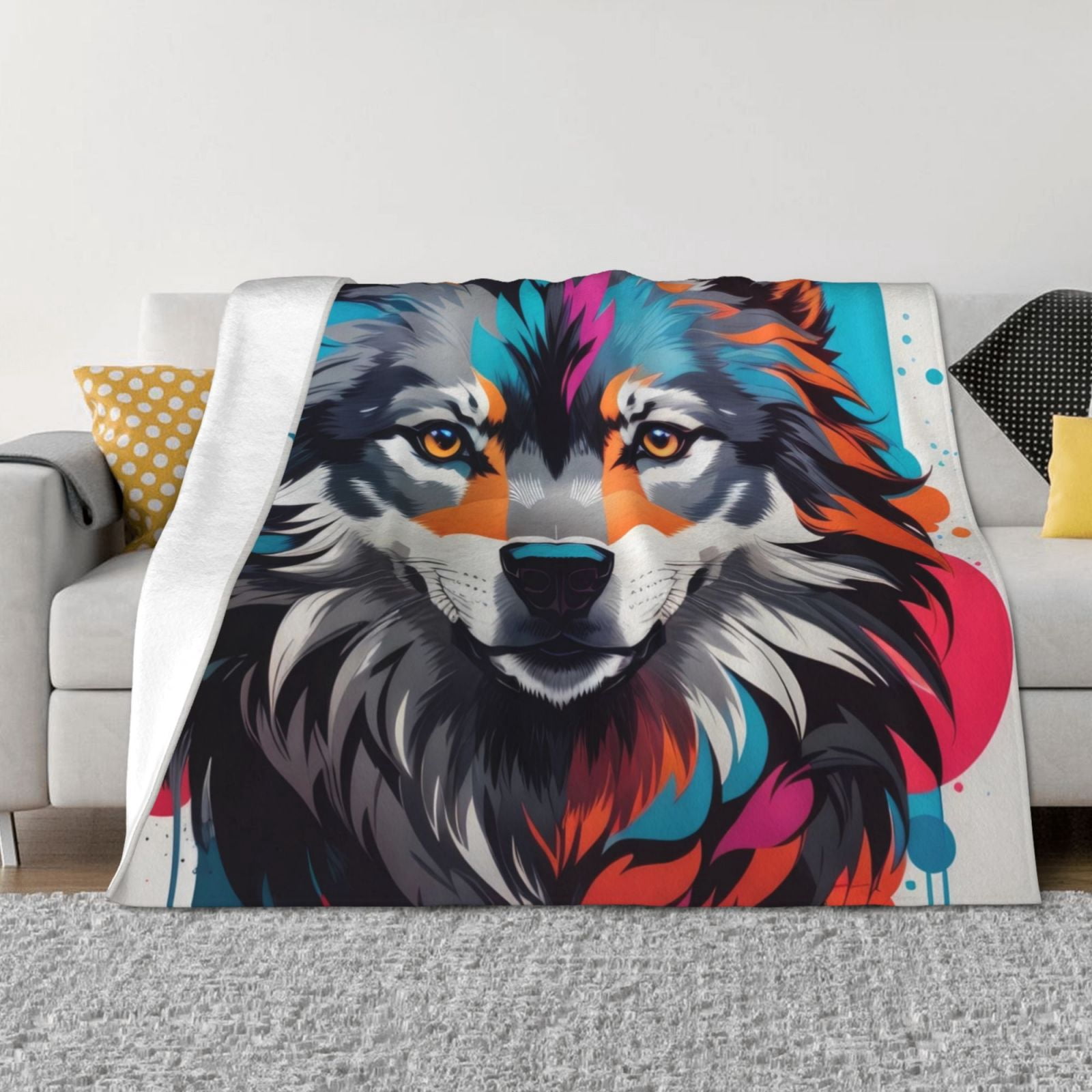 Uemuo Tie-Dye Wolf Head Printed Throw Blanket for Couch, Fluffy Fuzzy ...