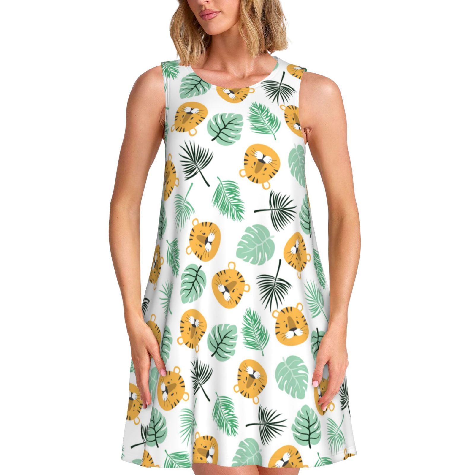 Uemuo Tiger Leaves Pattern Women’s Sleeveless Dress – Casual Summer A ...