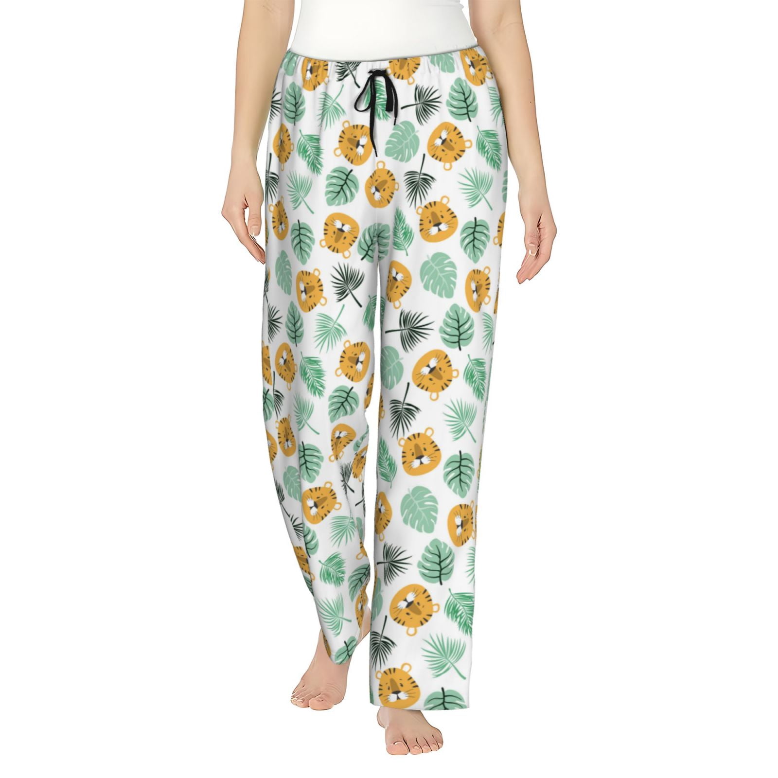 Uemuo Tiger Leaves Pattern Women's Wide Leg Palazzo Lounge Pants with ...