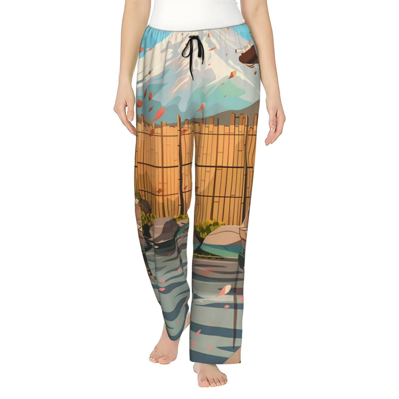 Uemuo Tranquil Garden Landscape Pattern Women's Wide Leg Palazzo Lounge Pants with Pockets Light ...