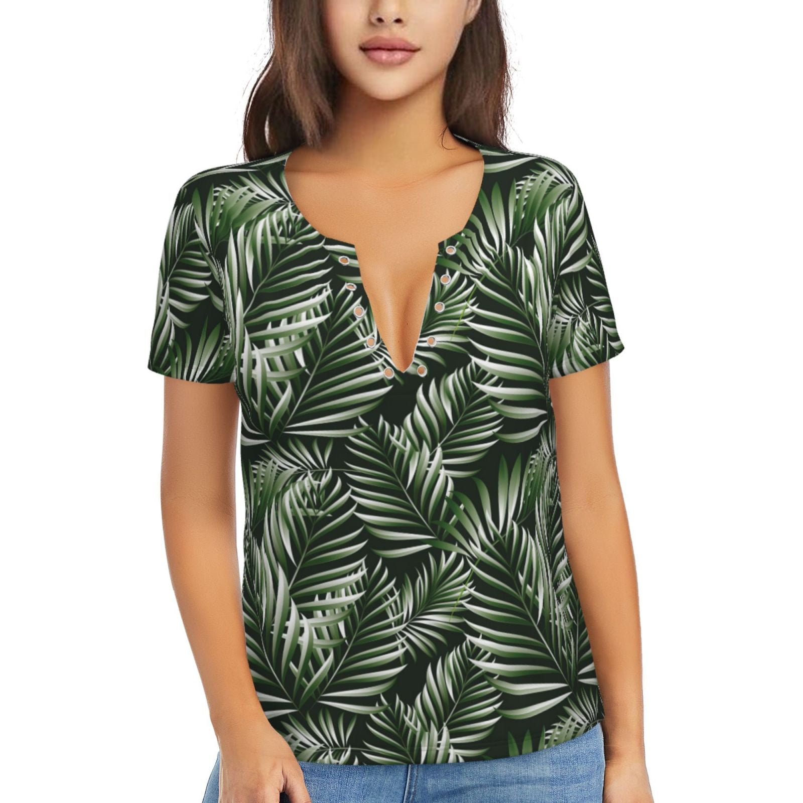 Uemuo Tropical Palm Leaves1 Drawing Women's Deep V-Neck Low Cut Tops ...