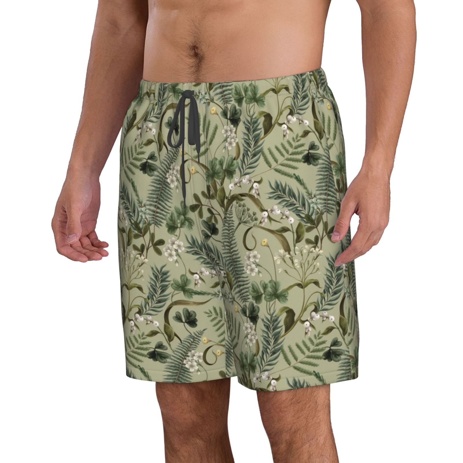 Uemuo Tropical Plants Green Pattern Men's Swim Trunks Hawaiian Beach ...