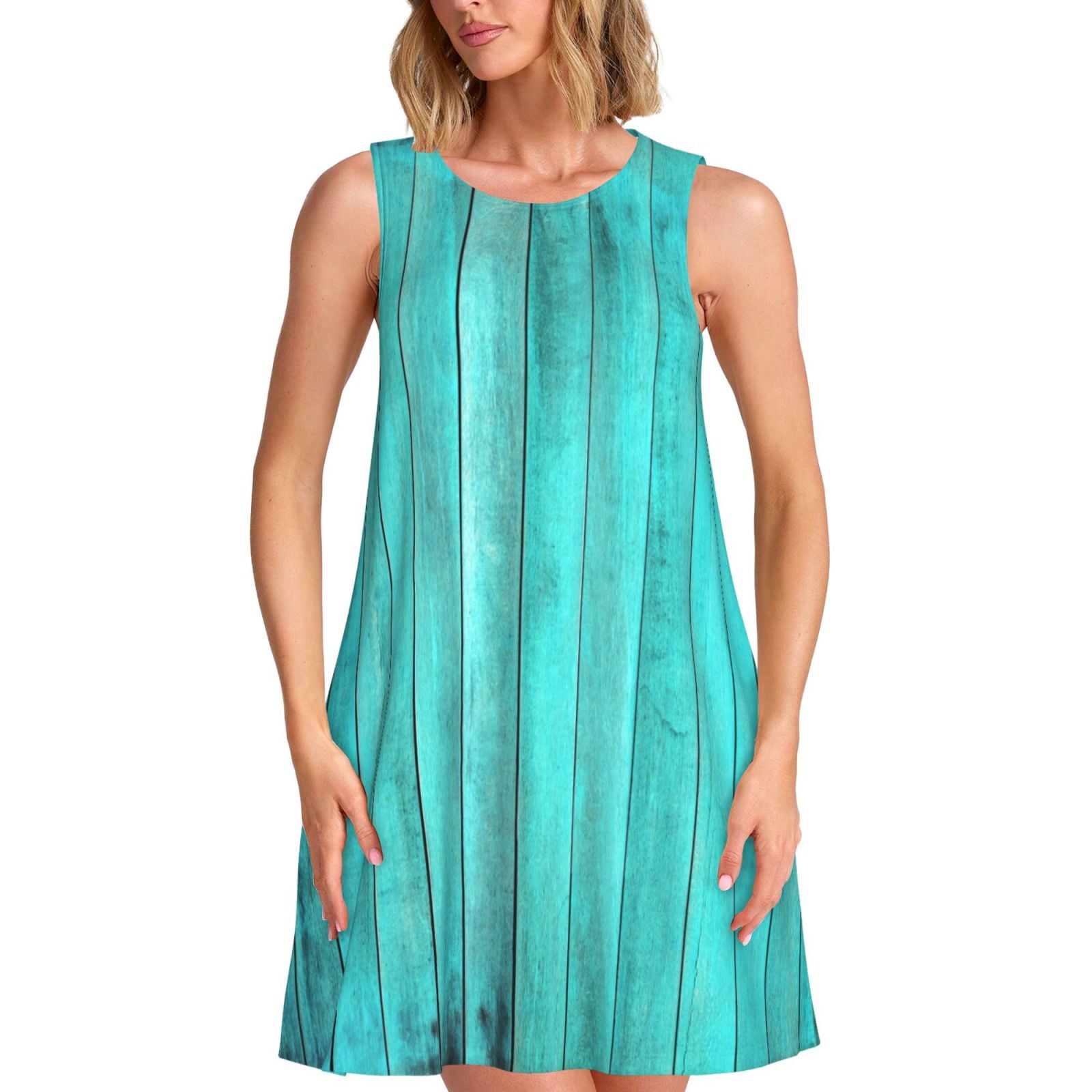 Uemuo Turquoise Wooden2 Pattern Women’s Sleeveless Dress – Casual ...
