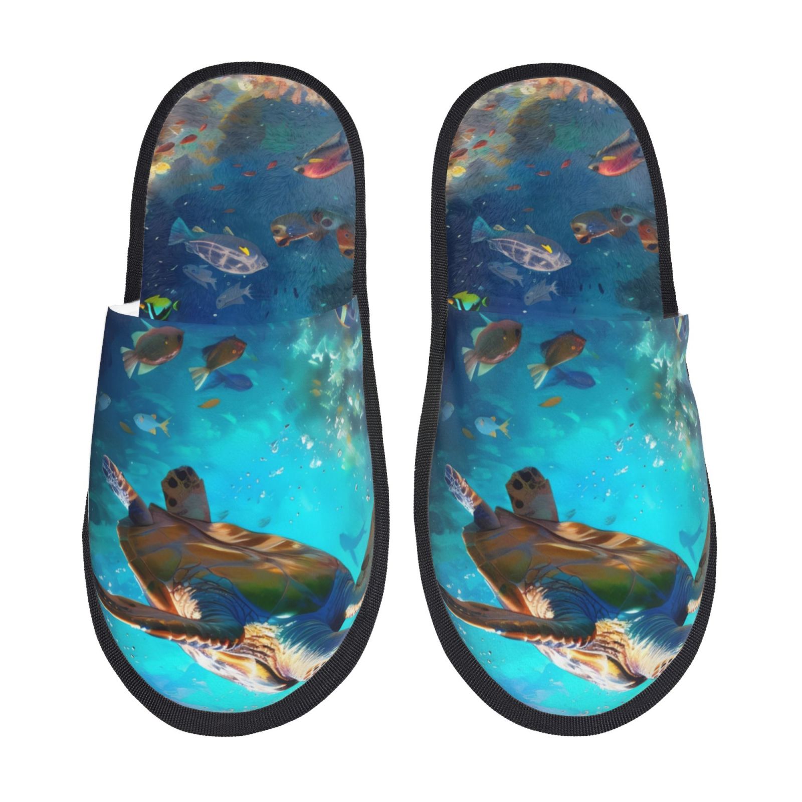 Uemuo Underwater Fish Turtle Printe Plush Furry Slippers with EVA Sole ...