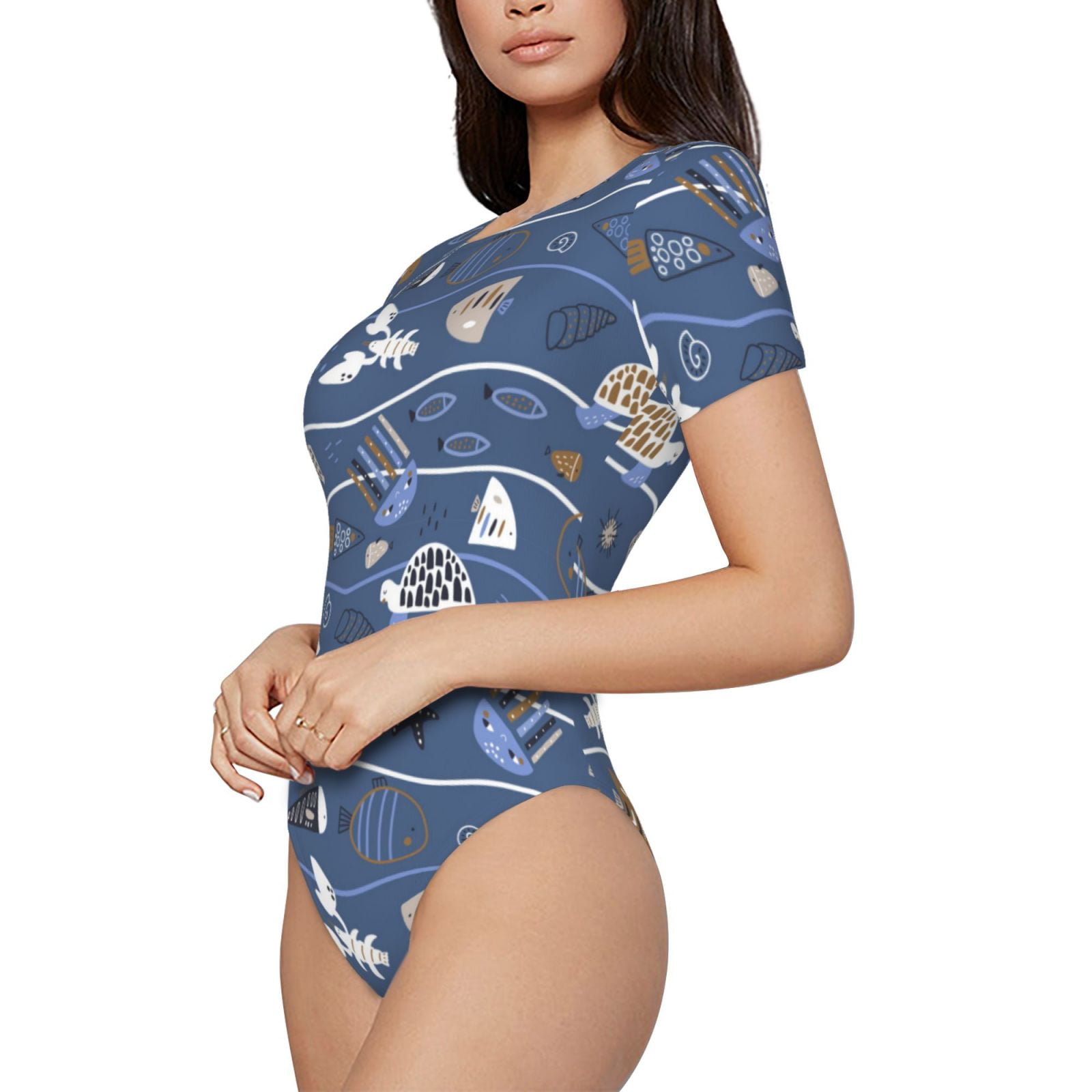 Uemuo Underwater World Animals Pattern Women's One Piece Short Sleeve Swimsuit Rash Guard ...