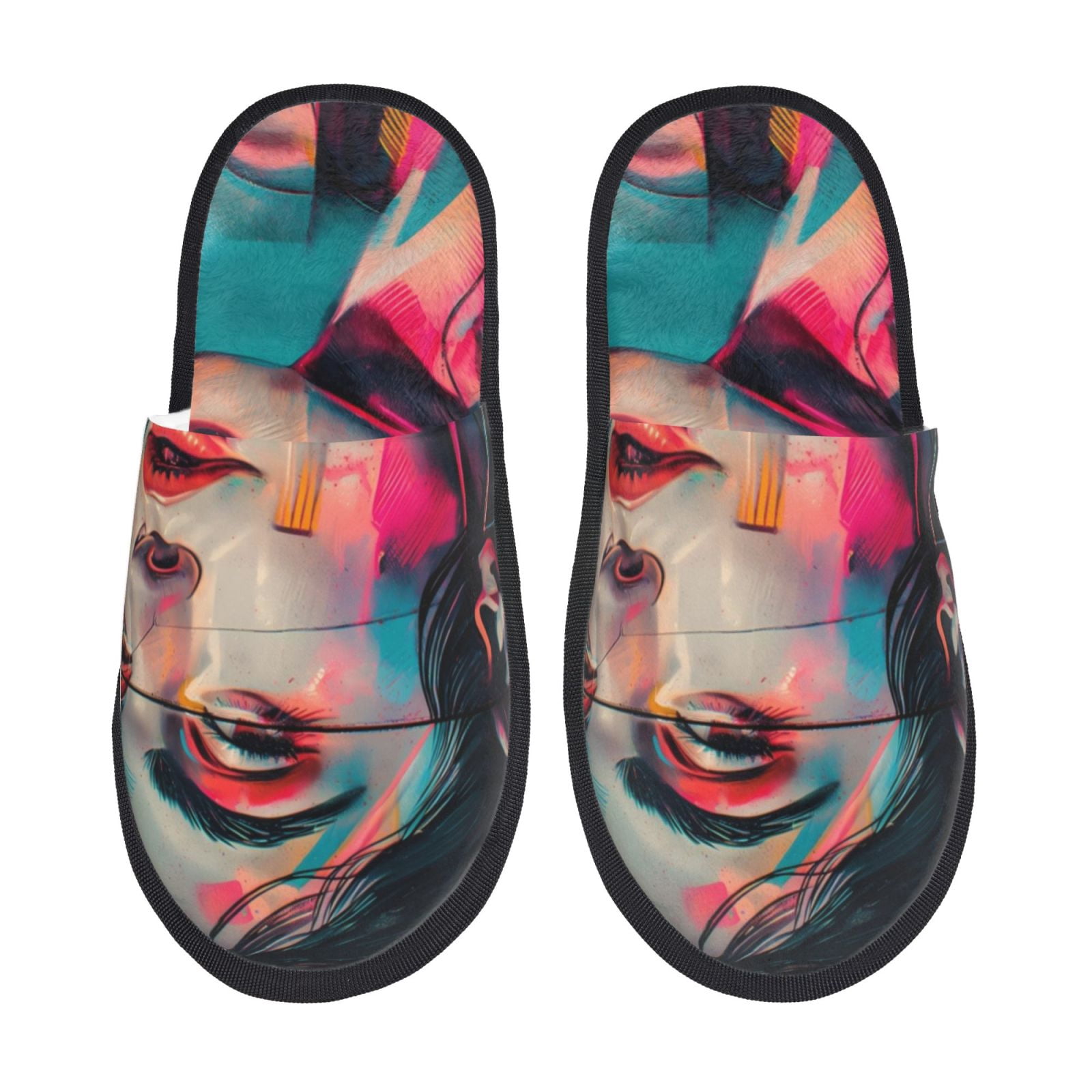 Uemuo Vibrant Street Art Portrait Printe Plush Furry Slippers with EVA ...